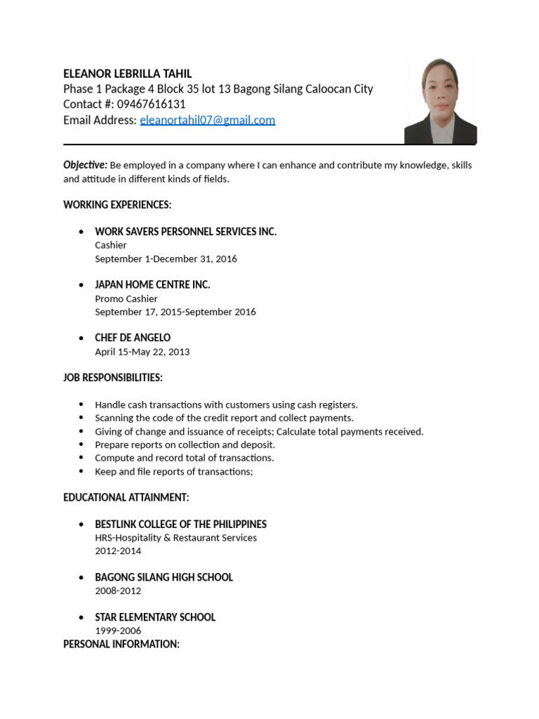Eleanor Lebrilla Tahil Resume | PDF