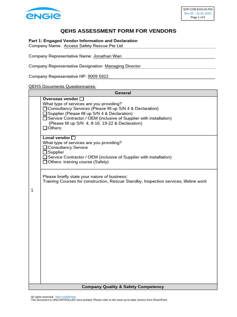 SOP-COR-EHS-03-F04 (Rev-05) QEHS Assessment Form For Vendors | PDF ...