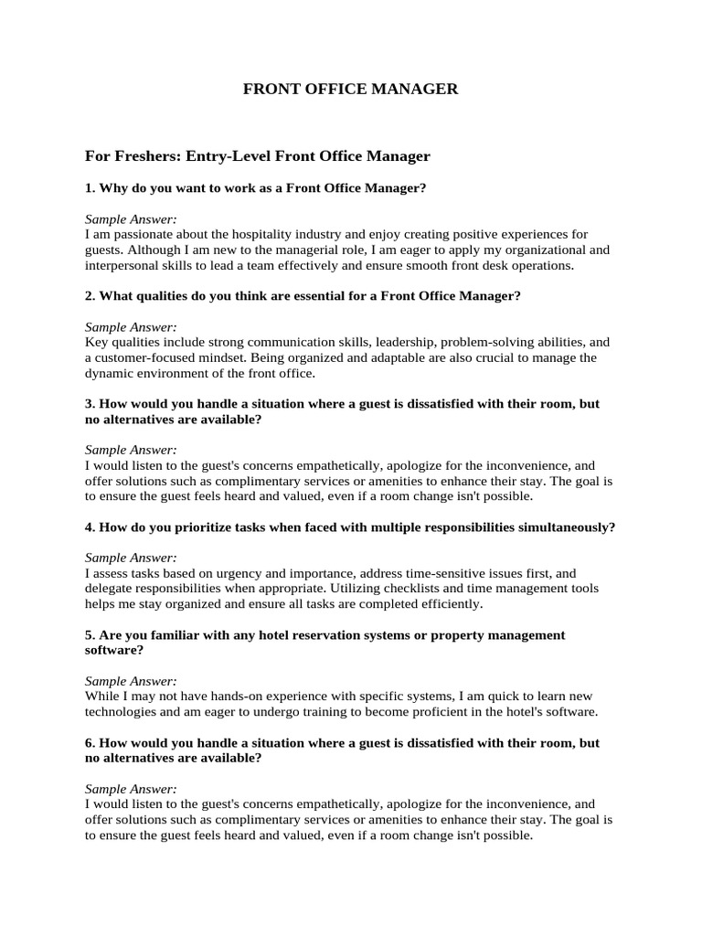 Front Office Manager Interview Guide | PDF | Time Management ...