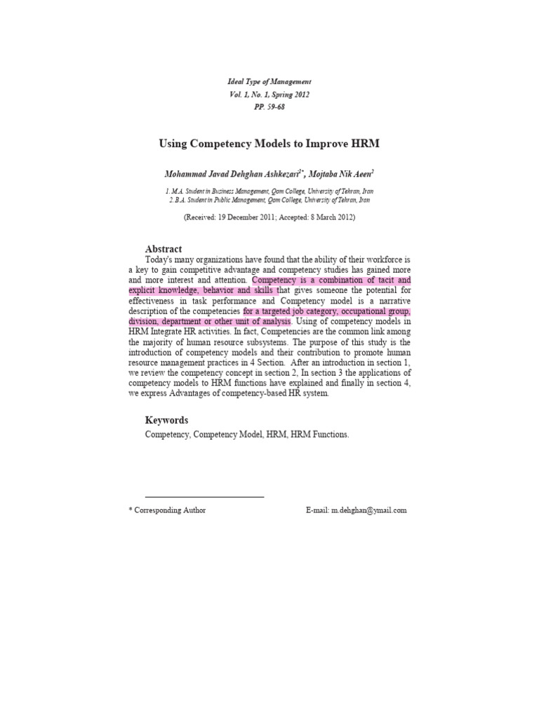 Using Competency Model to Improve HRM | PDF | Human Resource Management | System