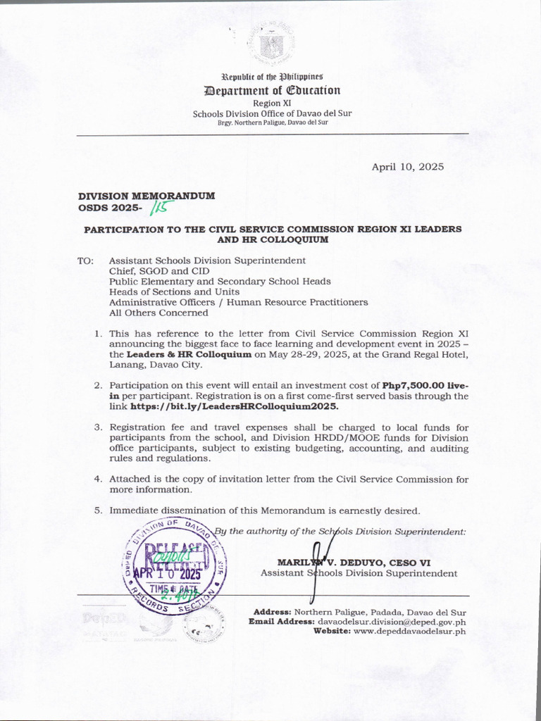 DM Osds 2025 115 Participation To CSC Roxi Leaders HR Colloquim2 | PDF