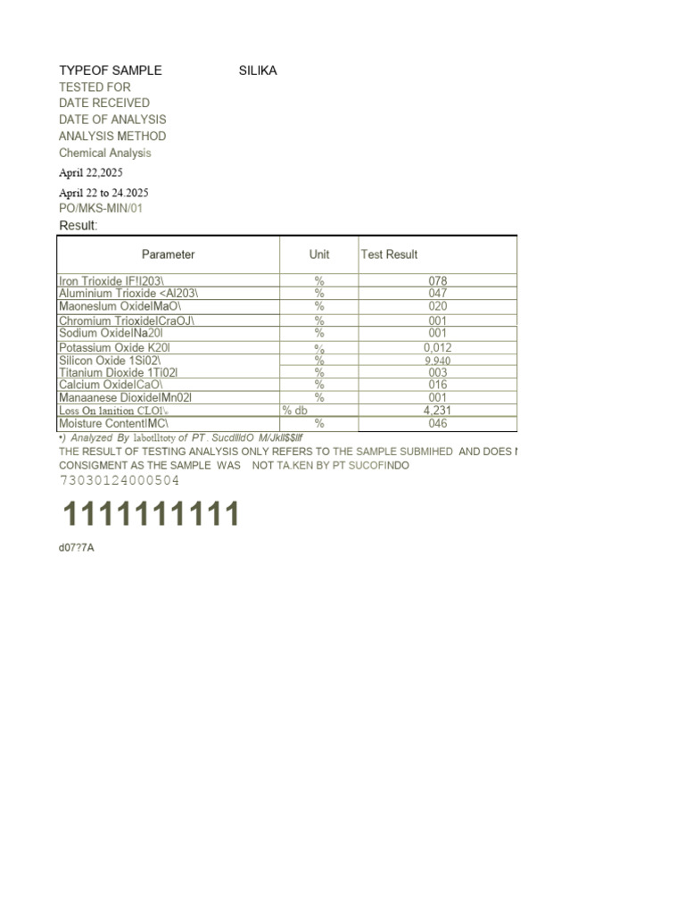 Silica Chemical Analysis Report | PDF