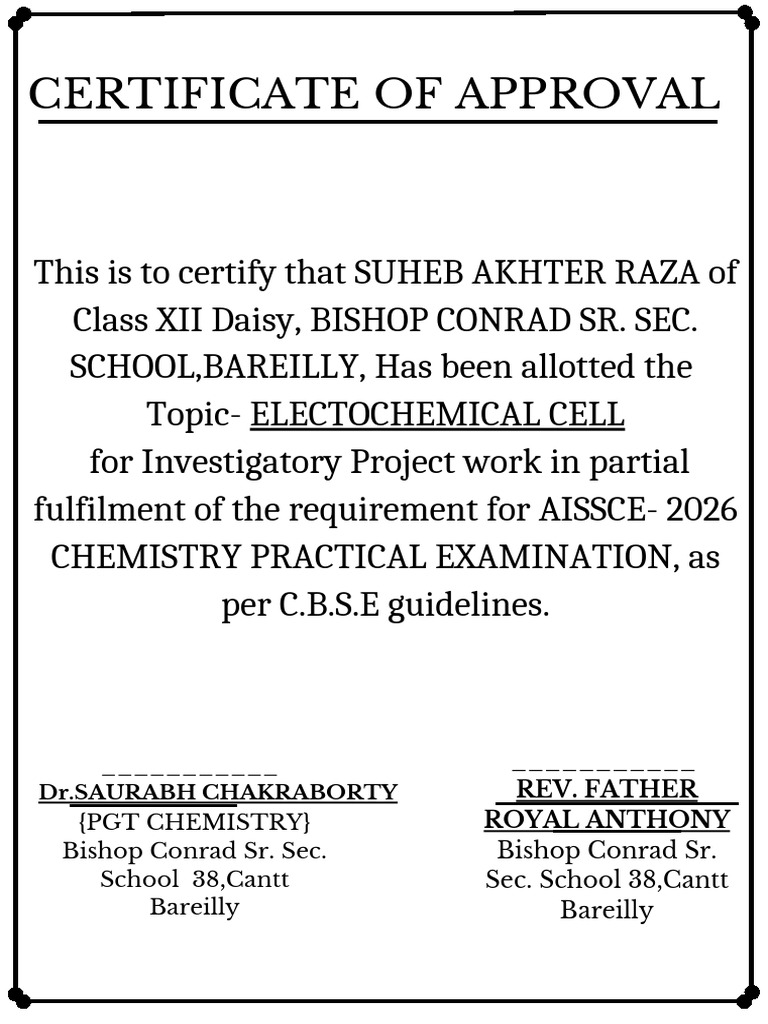 Certificate for Electochemical Cell Project | PDF