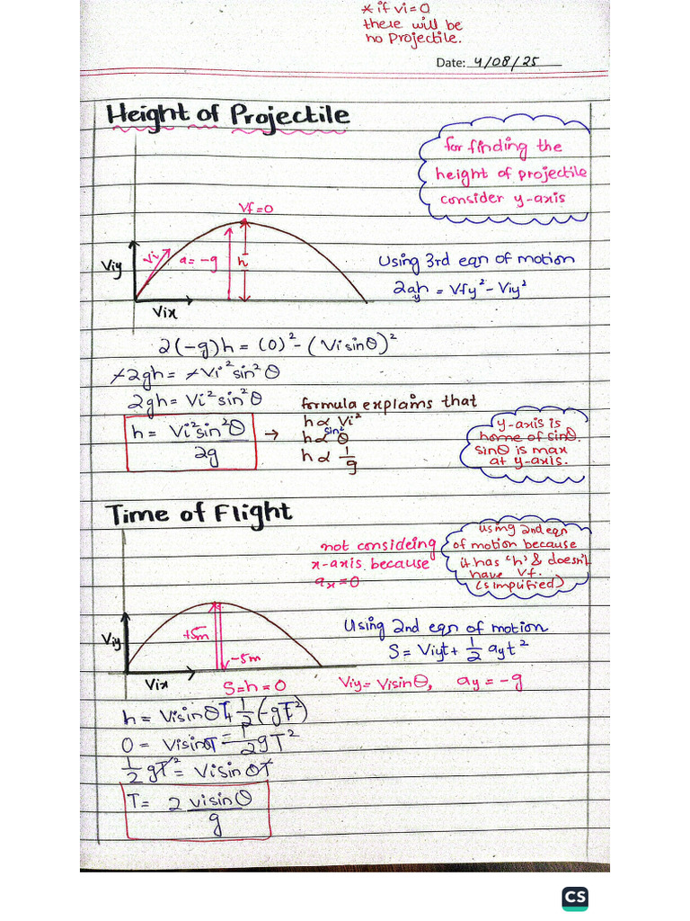 Physics Notes (Height and Time Flight of Projectile Motion) | PDF
