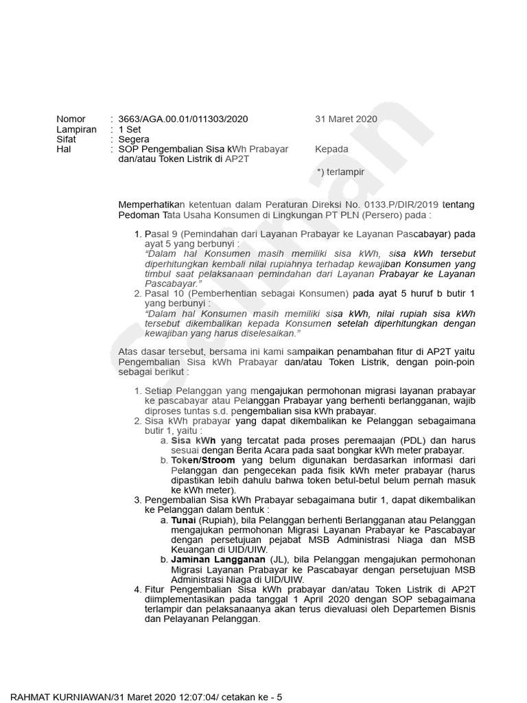 Surat EVPQAS No 3663 - SOP Pengembalian Sisa KWH Prabayar Dan Token Listrik Di AP2T | PDF