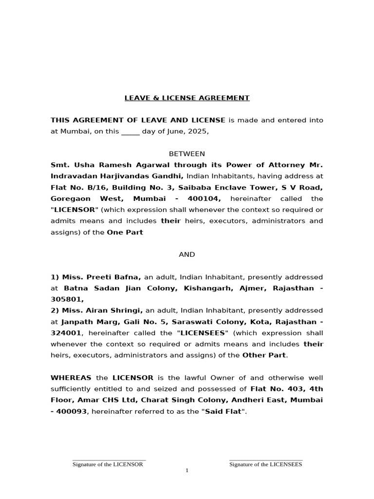 Mumbai Leave & License Agreement 2025 | PDF | License | Landlord