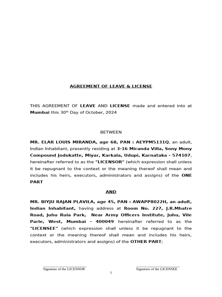 Leave and License Agreement: Biyju Rajan | PDF | License | Landlord