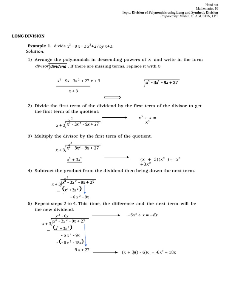 Long Division and Synthetic Division Hand Out | PDF | Division ...