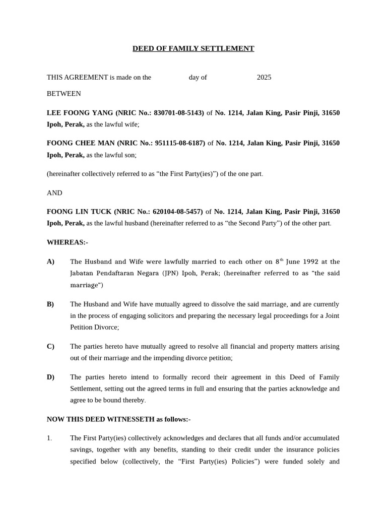 DEED OF FAMILY SETTLEMENT | PDF | Private Law | Common Law