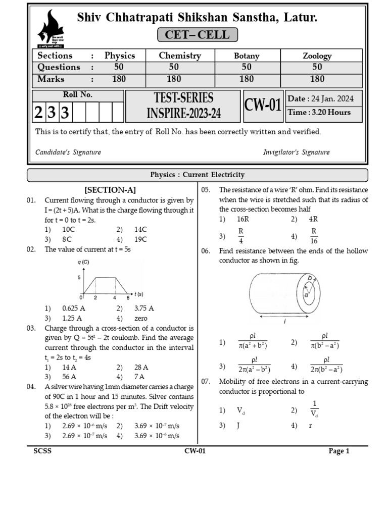 CW - 1 (Inspire Test Series) | PDF | Electrochemistry | Electrode