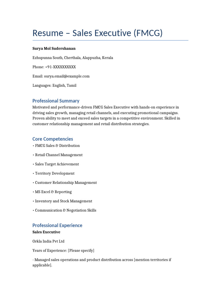 Surya Mol: FMCG Sales Executive Resume | PDF