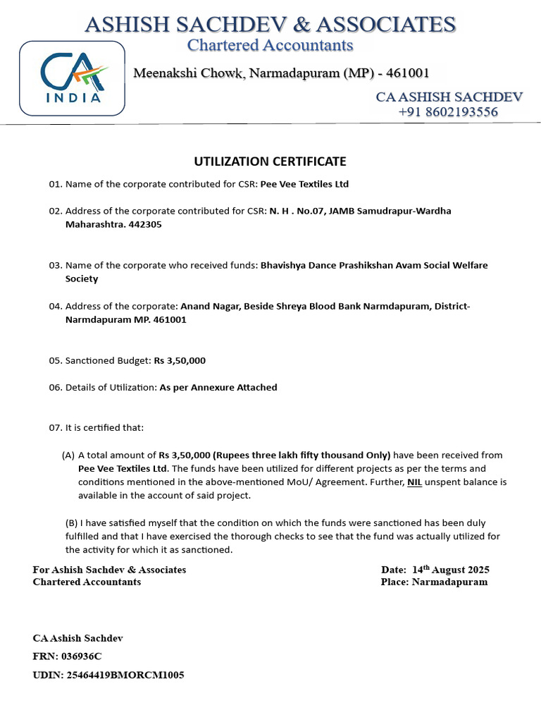 CSR Fund Utilization Certificate | PDF