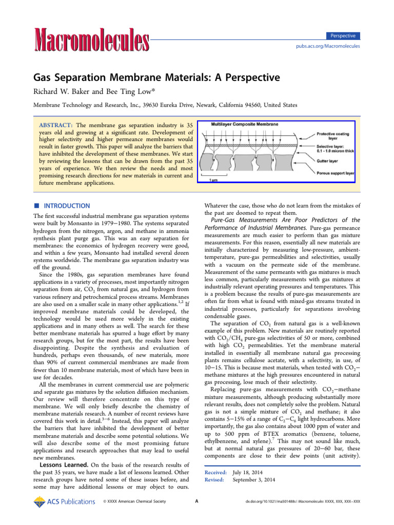 Gas Separation Membrane Materials: A Perspective | PDF | Membrane ...
