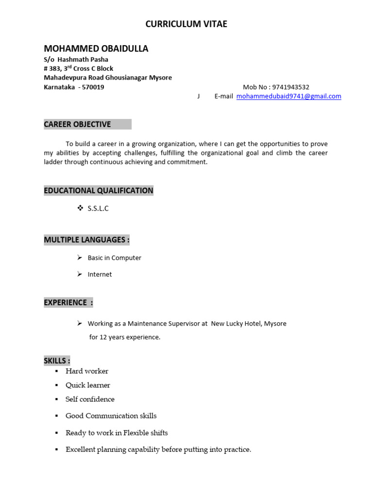 CURRICULUM VITAE Mohammed Obaidulla | PDF