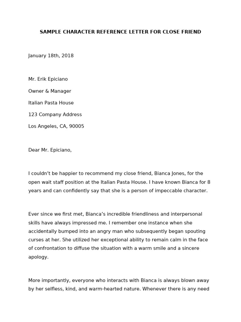 Sample Character Reference Letter For Close Friend 09 21 | PDF