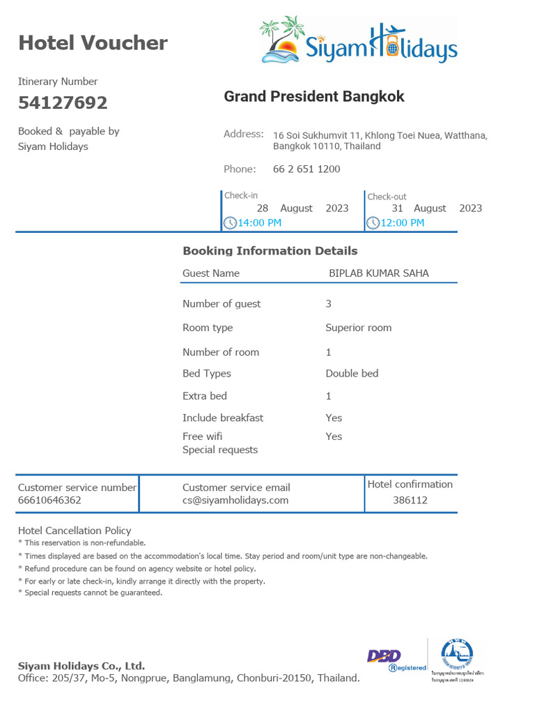 Grand President Bangkok MR BIPLAB KUMAR SAHA Hotel Voucher - UVocher Hotel | PDF