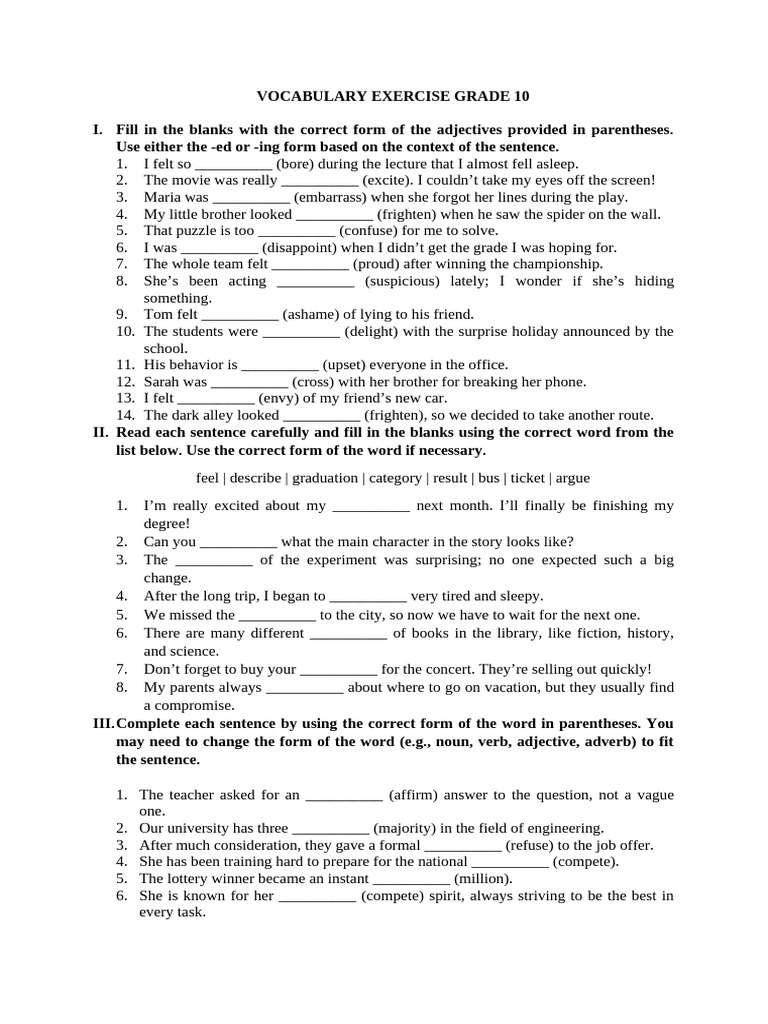 Vocabulary Exercise Grade 10 | PDF | Adverb | Linguistic Morphology