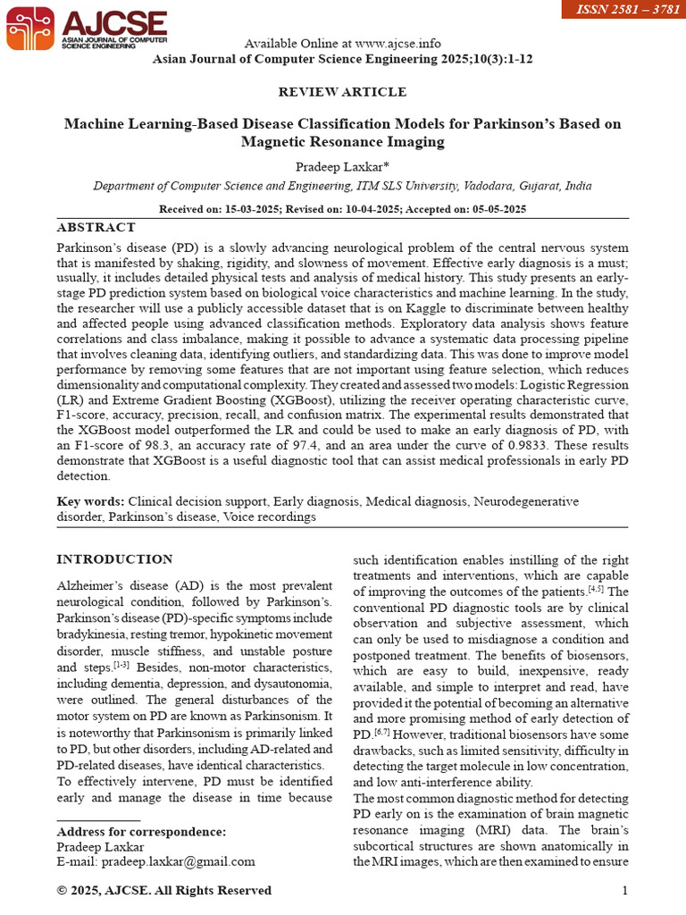 Machine Learning-Based Disease Classification Models For Parkinson's ...