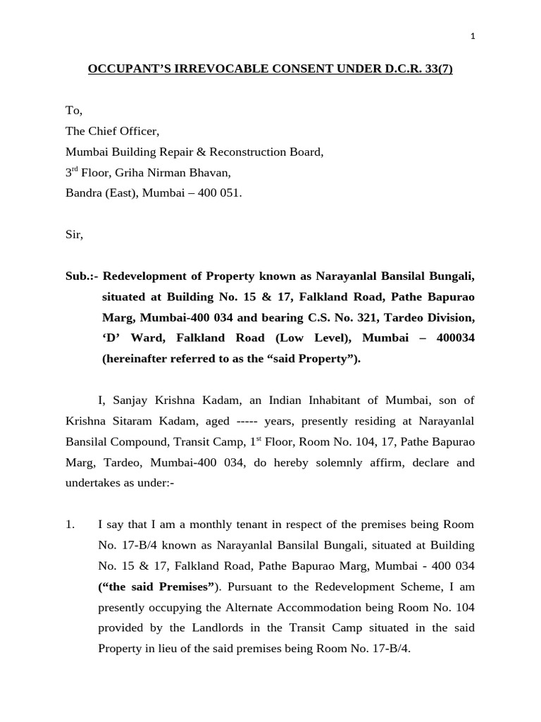 Occupant's Irrevocable Consent Under DCR33 (7) of Sanjay K.kadam (Son ...