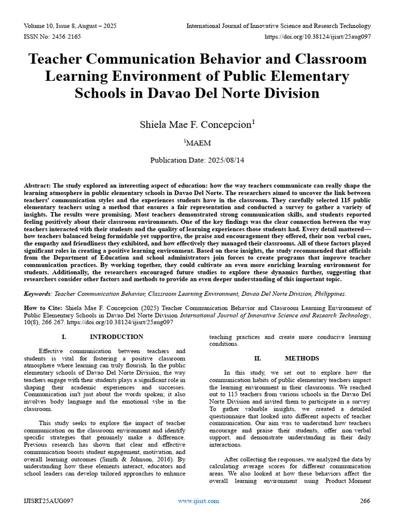 Teacher Communication Behavior and Classroom Learning Environment of ...