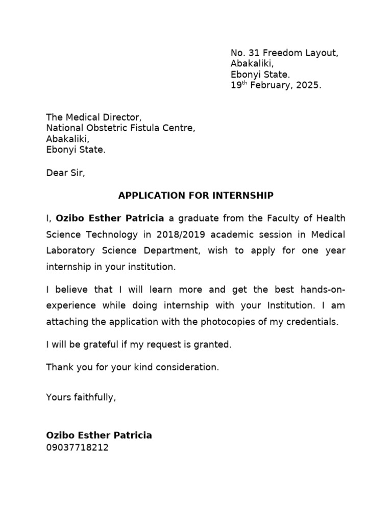 Ozibo Esther Patricia Application For Internship | PDF