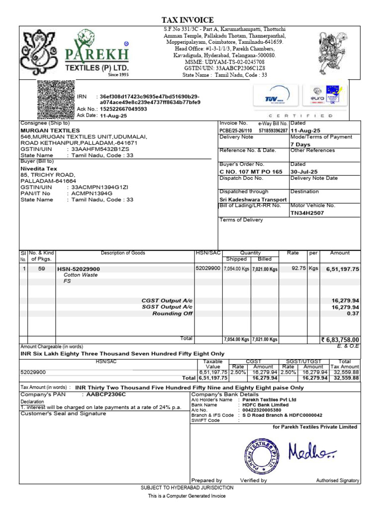 Tax Invoice for Cotton Waste Shipment | PDF | Taxes | Payments