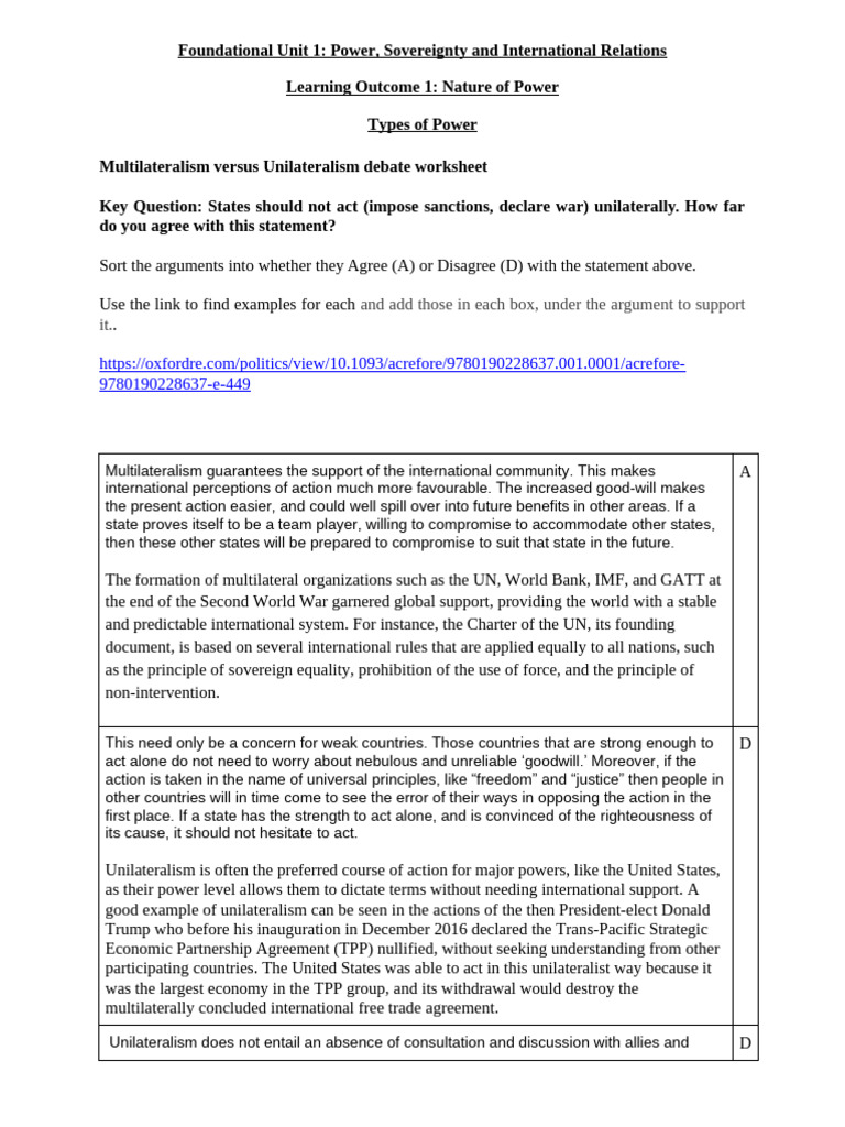 Worksheet-Debate On Multilateralism and Unilateralism | PDF | Multilateralism | Trans Pacific ...