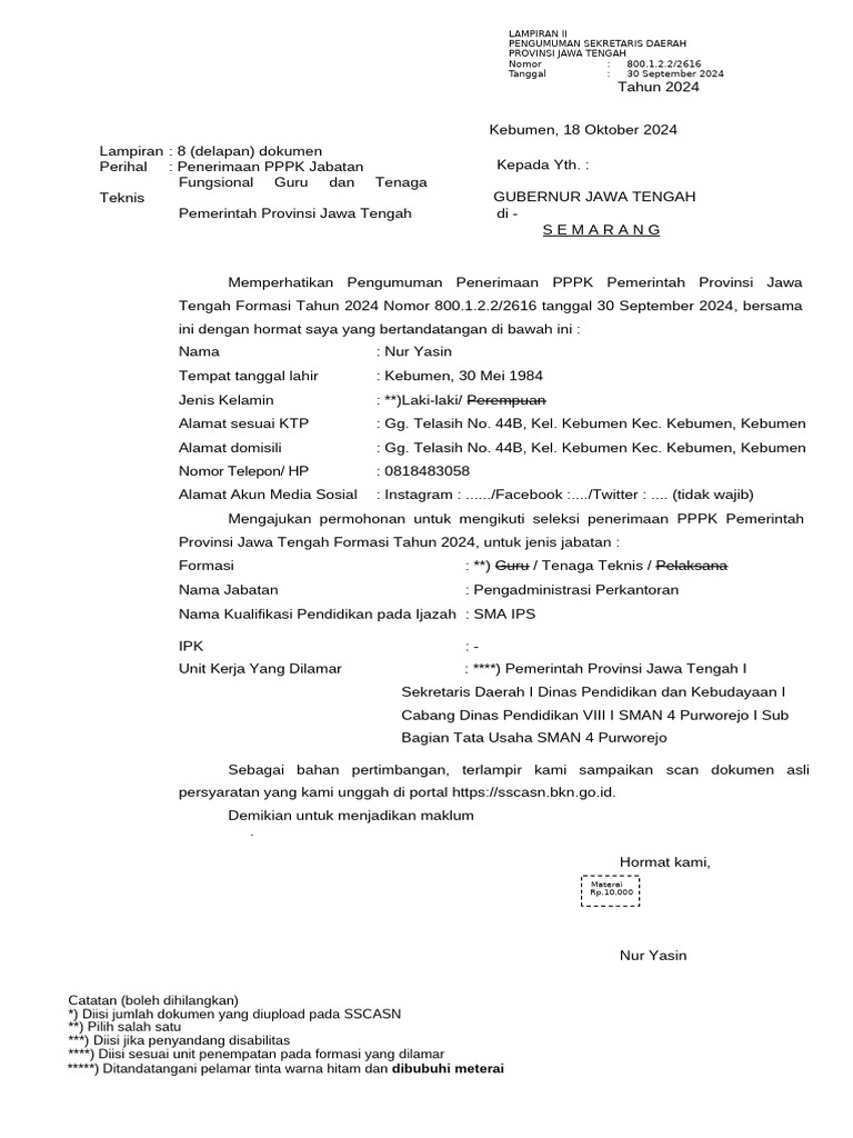 Lampiran II (Format Surat Lamaran PPPK 2024) | PDF