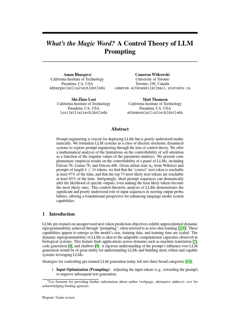 What's The Magic Word?: A Control Theory of LLM Prompting | PDF | Mathematical Optimization ...
