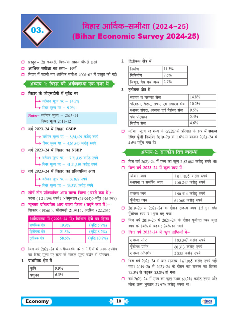 Bihar Economic Survey (2024-25) - 6204864038 | PDF