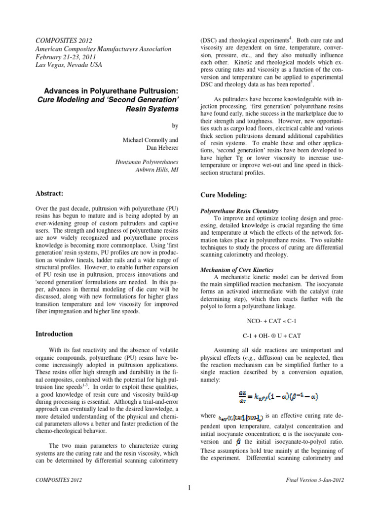 Advances in Polyurethane Pultrusion - Cure Modeling and 'Second ...