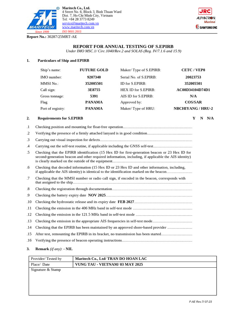 Annual S.EPIRB Testing Report 2025 | PDF | Information And ...