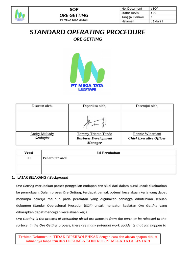 SOP Ore Getting PT Mega Tata Lestari | PDF