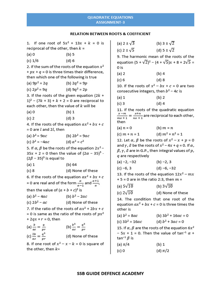 Quadratic Equation DPP 3 | PDF | Zero Of A Function | Equations
