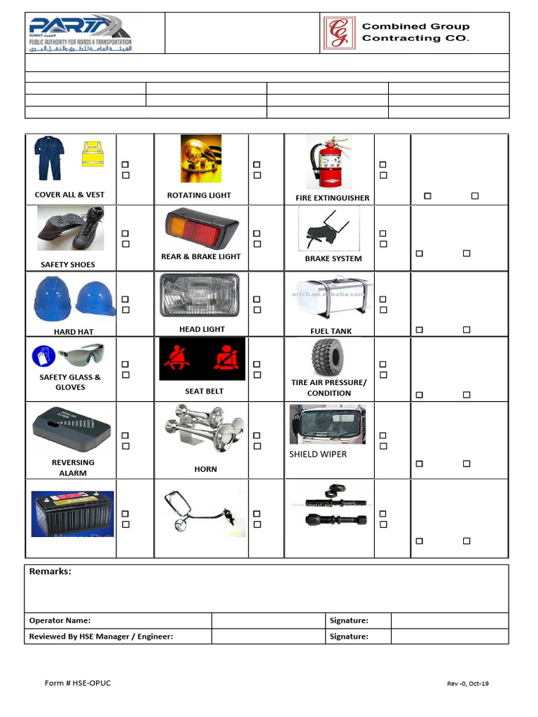Form # HSE-OPUC Operator Pre-Use Checklist | PDF | Vehicles | Car