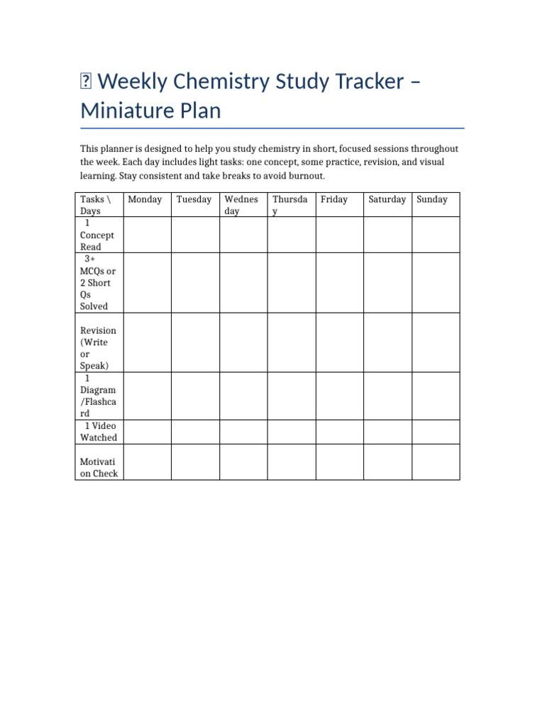 Weekly Chemistry Study Tracker | PDF