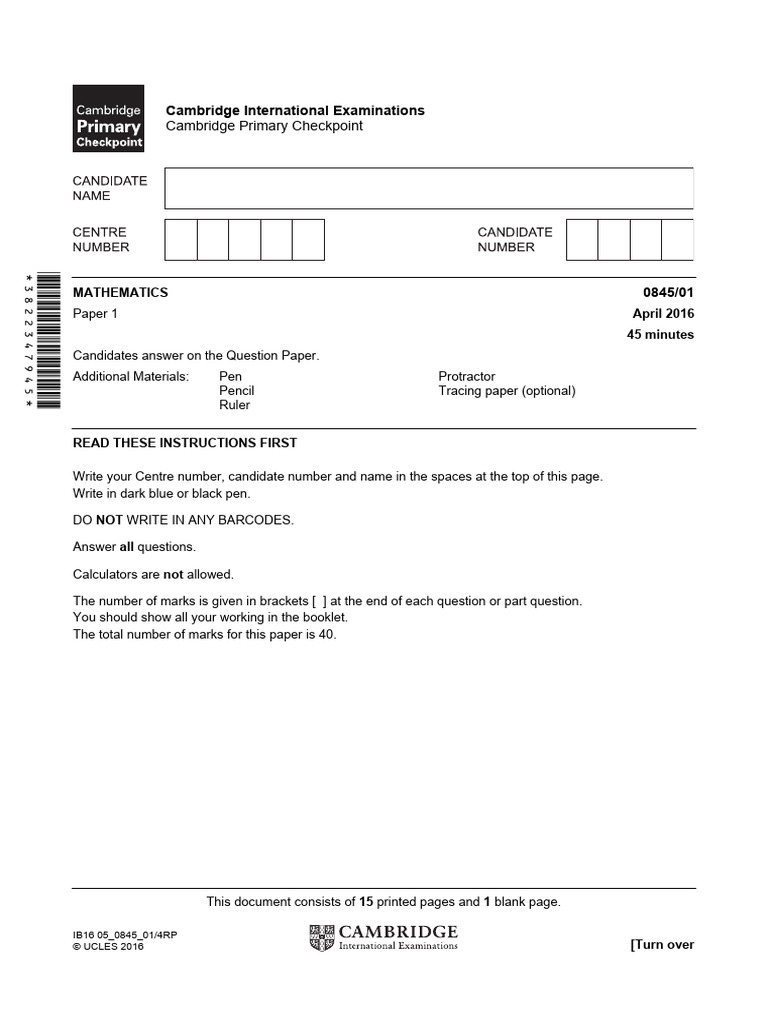 Cambridge Primary Checkpoint Maths Exam | PDF