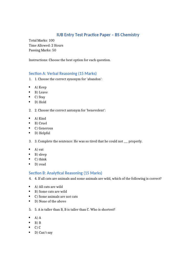 IUB BS Chemistry Test Practice Paper | PDF