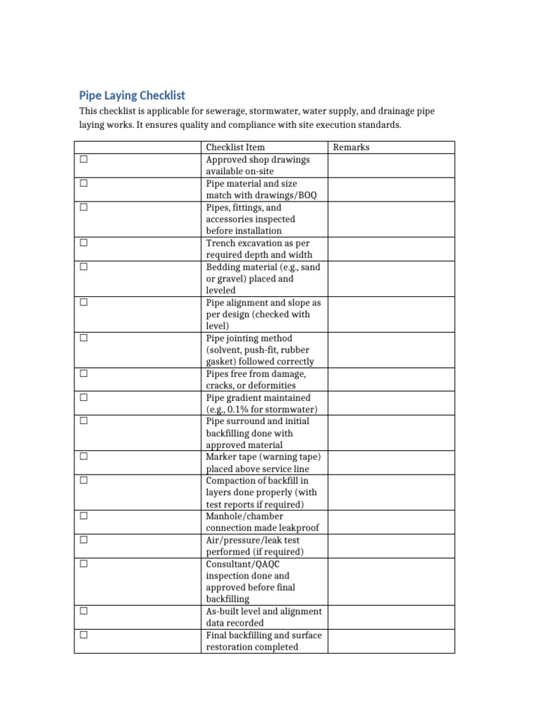 Pipe Laying Checklist | PDF