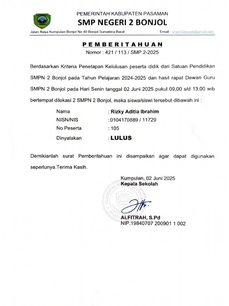 Surat Kelulusan SMP | PDF