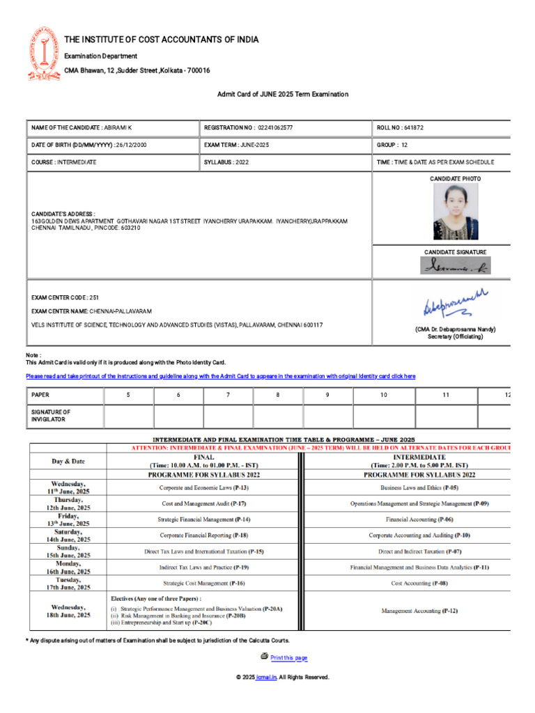CMA Inter Admit Card June 2025 | PDF | Government