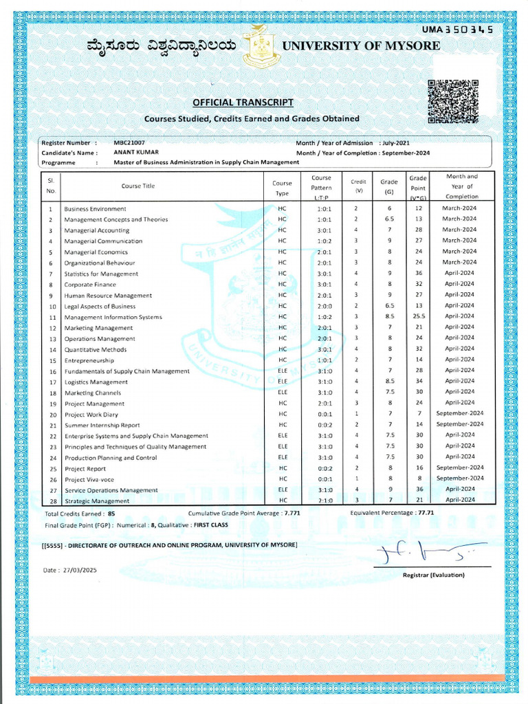Highest Education Consolidated Marksheet & Provisional Certificate | PDF
