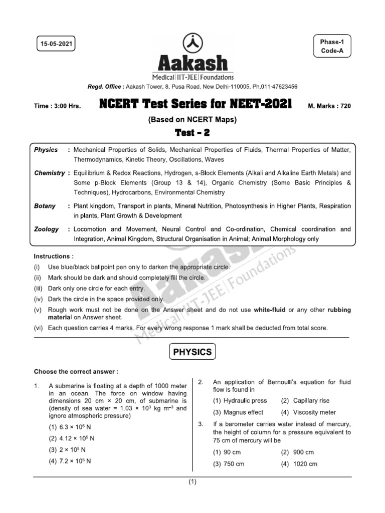 NCERT Test Series For NEET - Test-2 - 15.05.2021 | PDF