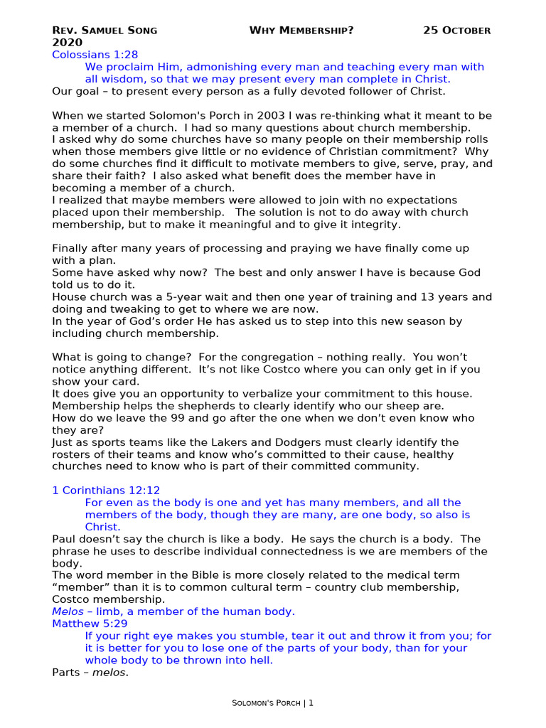Pastor Samuel Song - Why Membership | PDF | Covenant (Biblical) | Theology