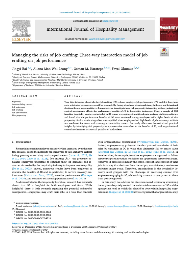 2025 IJHM Managing The Risks of Job Crafting Three-Way Interaction ...