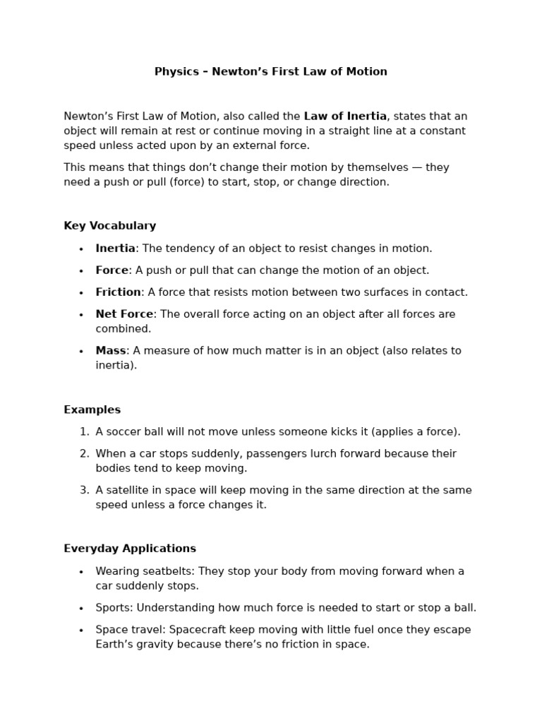 Physics - Newton's First Law of Motion | PDF