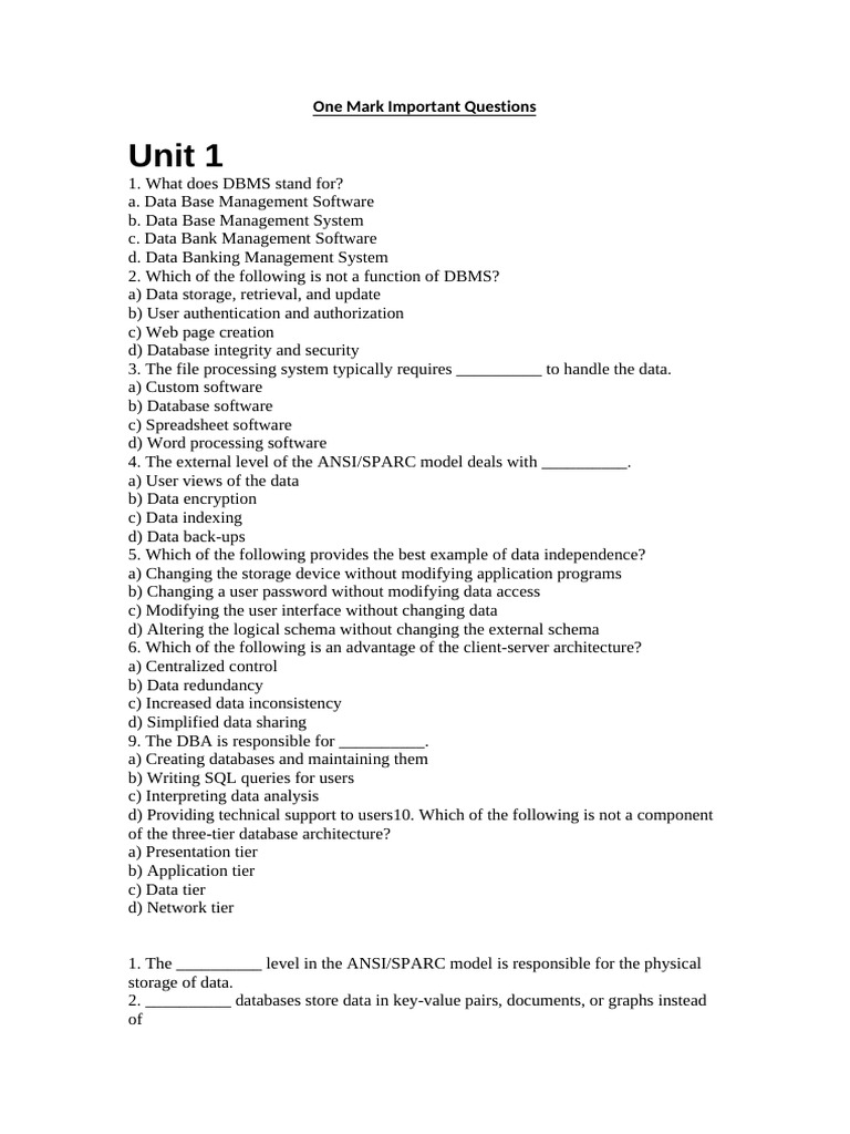 One Mark Important Dbms | PDF | Databases | Software Design