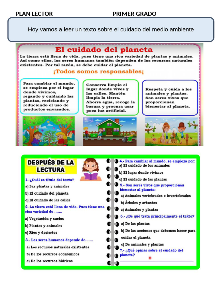 Ficha Plan Lector Cuidemos El Planeta | PDF