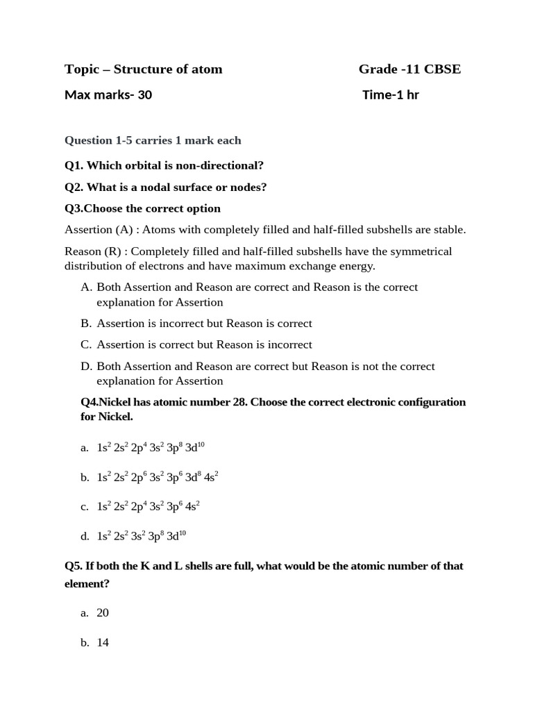 Structure of Atom Grade 11 QP | PDF