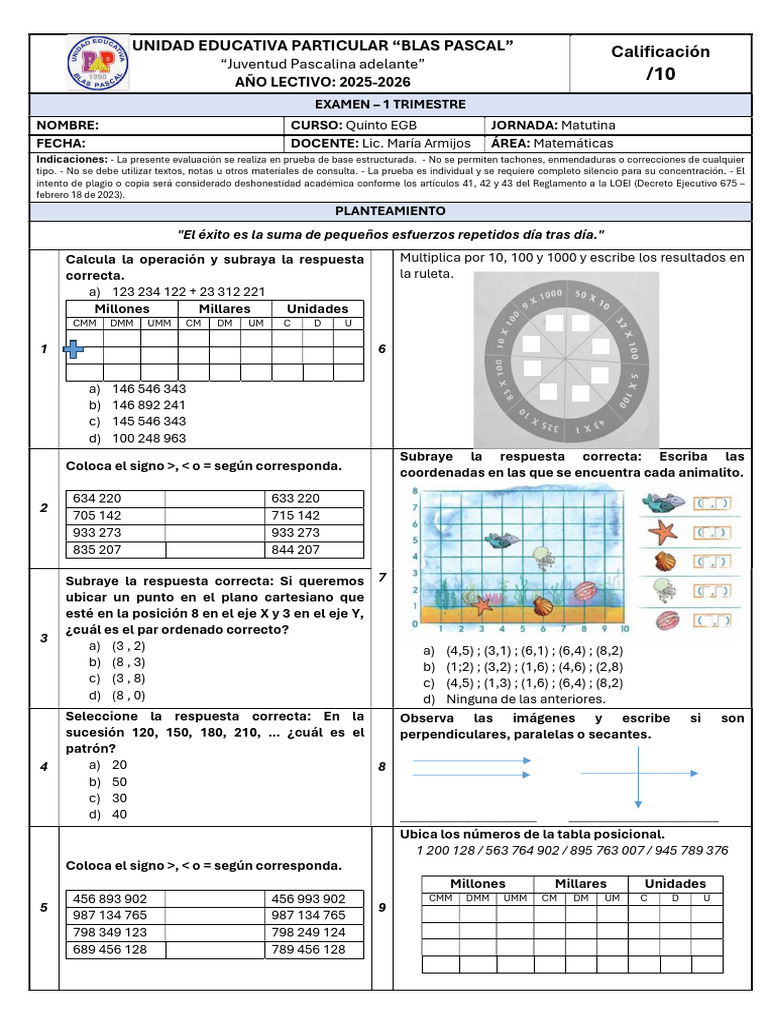 ExamenTrimestre 5EGB M 1T | PDF